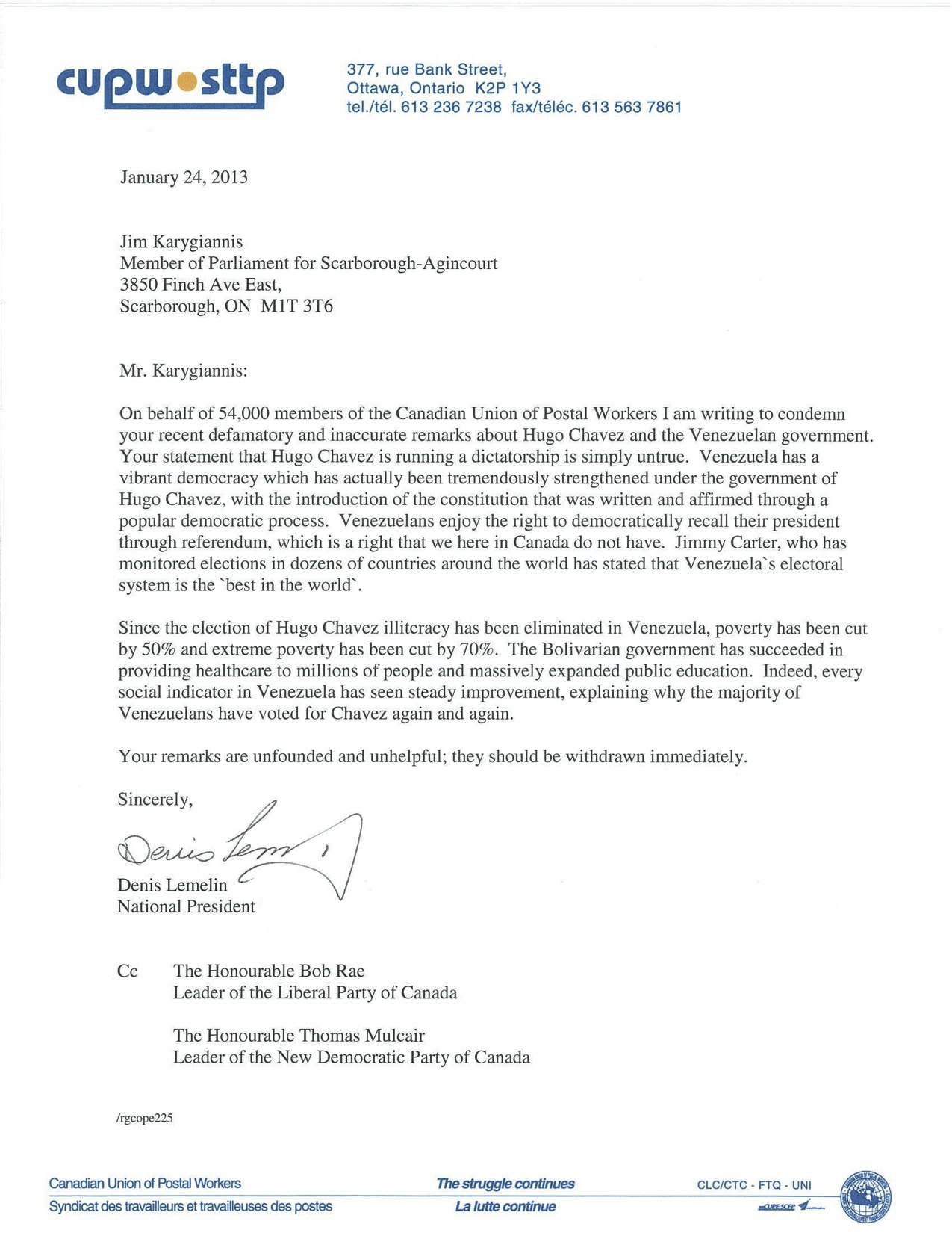 CUPW president’s letter to Jim Karygiannis: Hands off Venezuela!